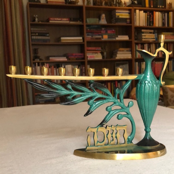 Holiday | Vintage Brass And Enamel Menorah Hanukkah Olive Oil Jug Green ...